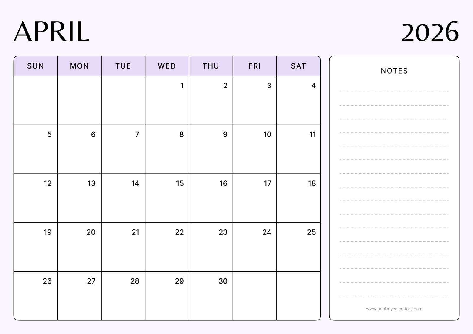 Printable April 2026 Calendar – Printable Templates PDF