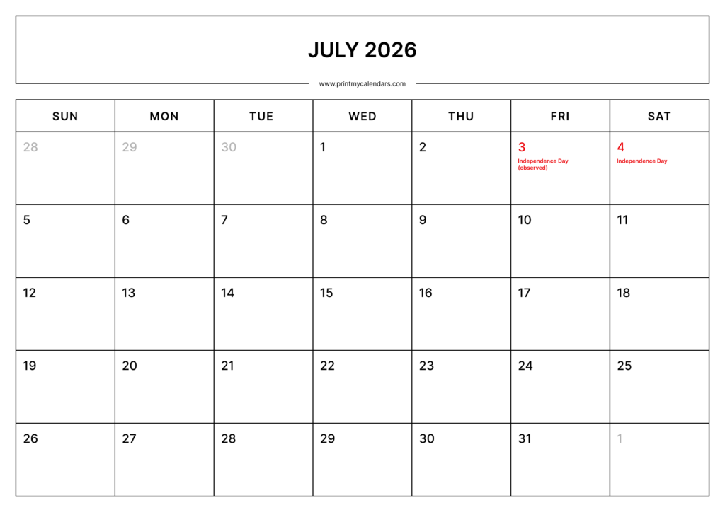 Free July Printable Calendar 2026 (PDF, Blank, Aesthetic Templates)